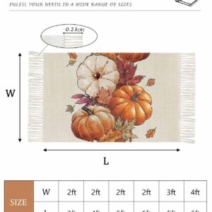 Fall Kitchen Runner Rug 2x5 Bedside Rug with Tassel Cotton Woven Throw Rugs Washable Hallway Runner Rug Thanksgiving Orange Pumpkin Maple Leaf Beige Floor Carpet for Bedroom Bathroom Living Room