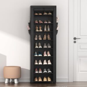 VILICK Shoe Rack with Cover Narrow Shoe Rack Organizer with 4 Side Pockets 10 Tier Tall Shoe Storage Shoe Shelf Holds 18-22 Pairs Shoes and Boots Shoe Rack for Closet Entryway Garage