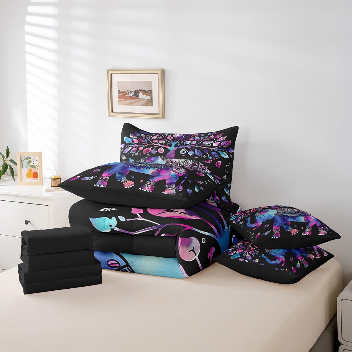 Elephant Full Comforter Set 7 Pieces Reversible Comforters Full Size Bed Set Bed in a Bag with Comforter,Bohemian Mandala Sheets,Pillowcases & Shams,Gradient Tie Dye Exotic Tree of Life Bedding Sets