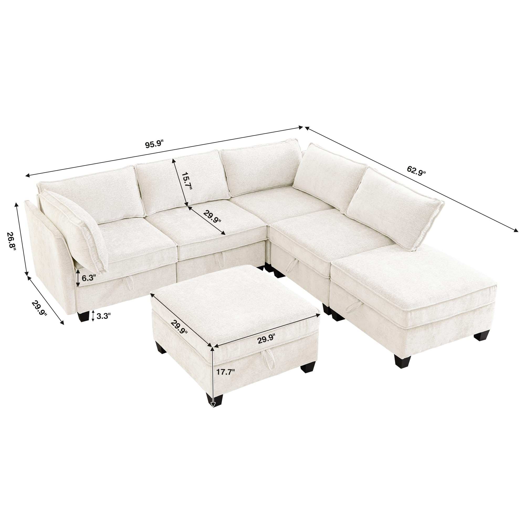 Corner Modular Sectional Sofa Set, Convertible L Shaped Couch with Storage, 6 Seater Sofa Modular with Ottomans and Reversible Chaise for Living Room, Office (Beige)