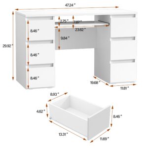 Furniwood Computer Desk with 6 Drawers,Home Office Desks with Storage,47 Inch Writing Wood Desk with Drawers PC Laptop Vanity Makeup Desk,Work Study Table Desk for Bedroom Office,White