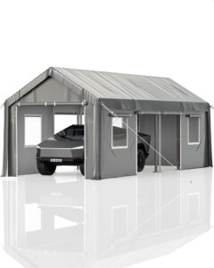 garveelife 13'x25'x11' carport oversized, portable garage with 180g pe tarps, 19 gauge poles, 6 roll-up doors, and 4 mesh windows, suitable for full-size pickups bass boats, tractors, and suvs, gray