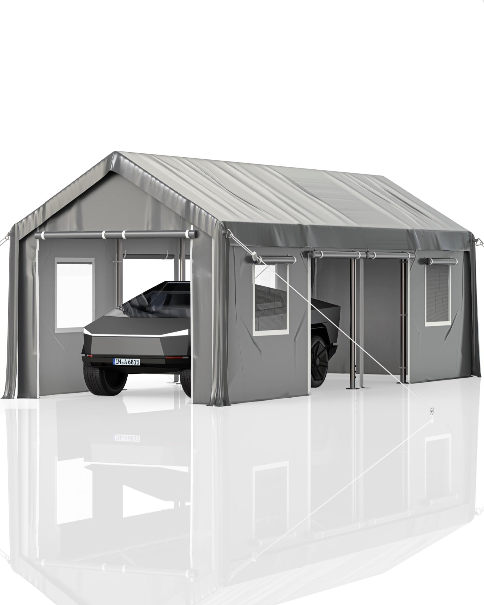 GarveeLife 13'x25'x11' Carport Oversized, Portable Garage with 180g PE Tarps, 19 Gauge Poles, 6 Roll-up Doors, and 4 Mesh Windows, Suitable for Full-Size Pickups Bass Boats, Tractors, and SUVs, Gray