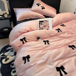 soulzzz pink duvet cover set for bed, 3 piece ultra soft satin comforter cover, luxury silky black bow print bedding set, 1 duvet cover 70"x86" and 2 pillow cases (no comforter)