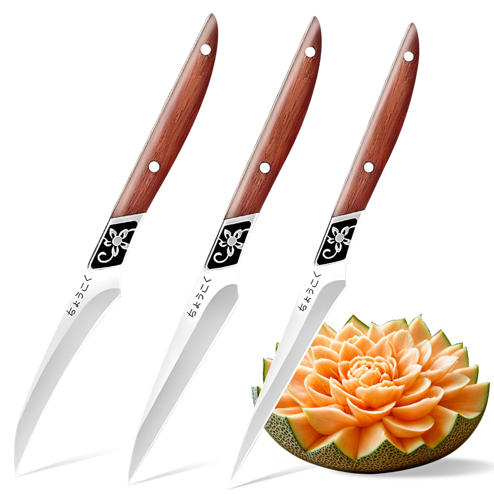 Plys Peeling Knife, Paring Knife Set of 3, Sharp Small Knives for Fruit and Vegetable, Stainless Steel Blade Ergonomic Handles