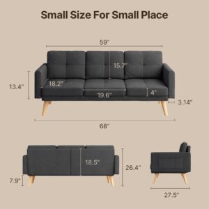 Gizoon 67” Sofa Couch with Soft Armrest Small Sofa Seat with 3 Comfy Pillows for Bedroom 2-Seater Couch for Living Room Teenagers Room Office and Small Spaces, Dark Gray