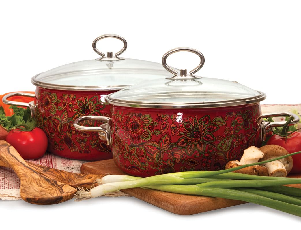 HOMEHUT Traditional Khokhloma Vitross Imperio Enamelware Pot - Durable Enameled Steel Heat-Resistant Stock Pot Set with Glass Lid, Hygienic and Dishwasher Safe 4L