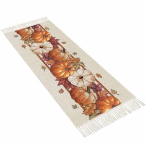 Fall Kitchen Runner Rug 2x5 Bedside Rug with Tassel Cotton Woven Throw Rugs Washable Hallway Runner Rug Thanksgiving Orange Pumpkin Maple Leaf Beige Floor Carpet for Bedroom Bathroom Living Room