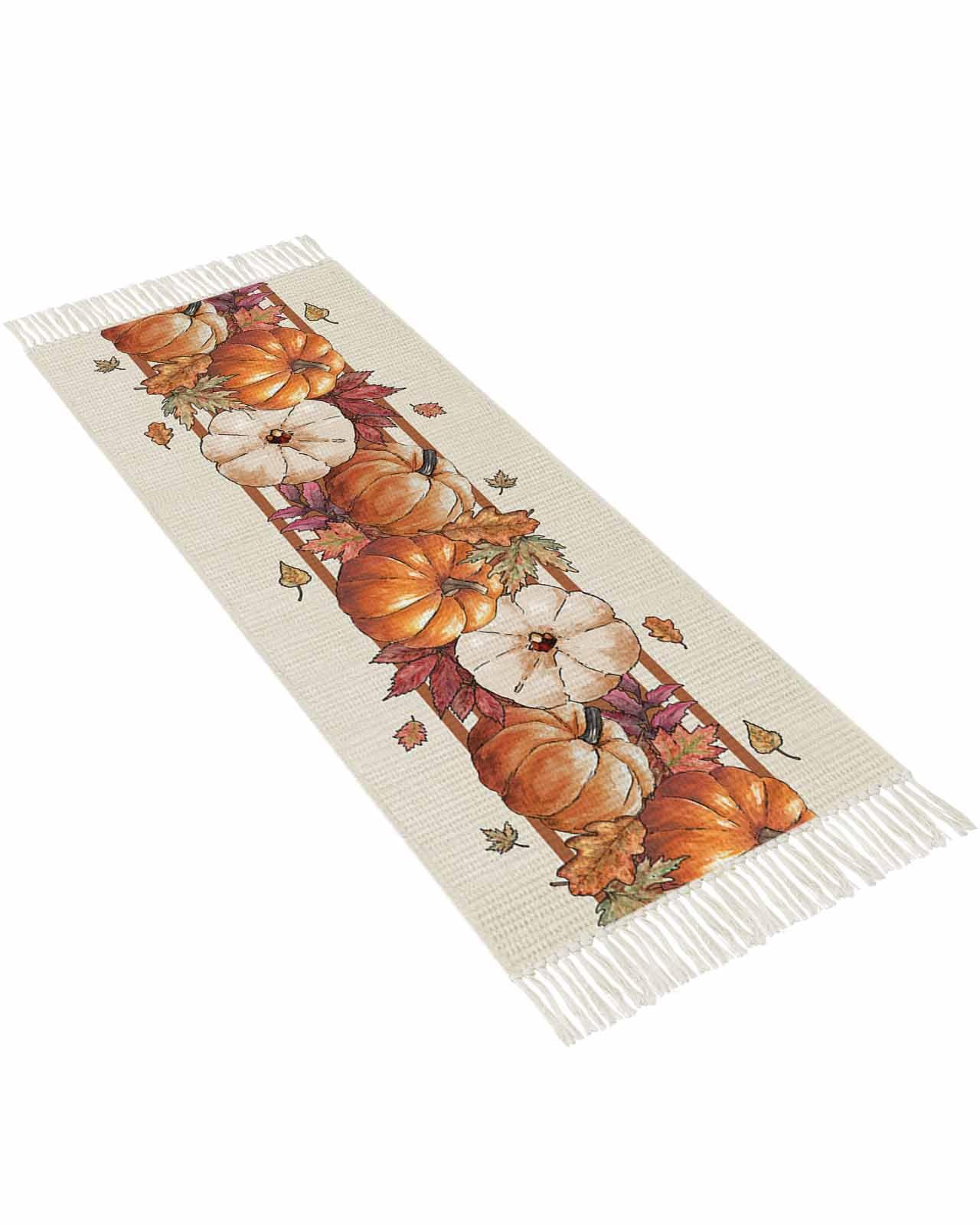 Fall Kitchen Runner Rug 2x5 Bedside Rug with Tassel Cotton Woven Throw Rugs Washable Hallway Runner Rug Thanksgiving Orange Pumpkin Maple Leaf Beige Floor Carpet for Bedroom Bathroom Living Room