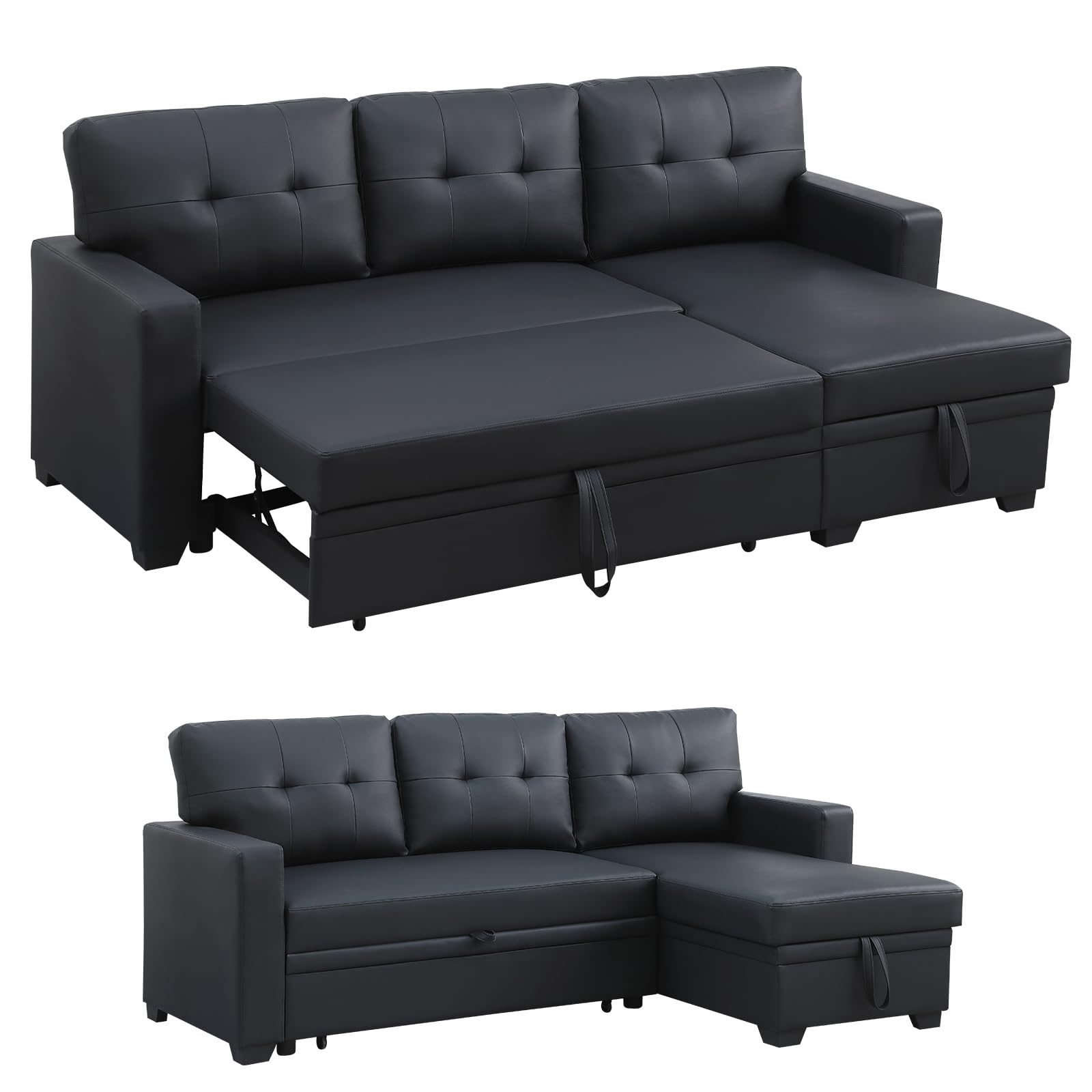 Skepphlay Sleeper Sectional Sofa L Shape Sofa Bed Couch Faux Leather with Pull Out Bed Convertible Sleeper Sofa with Storage Chaise Lounge for Living Room Apartment Dorm Furniture Sets, Black