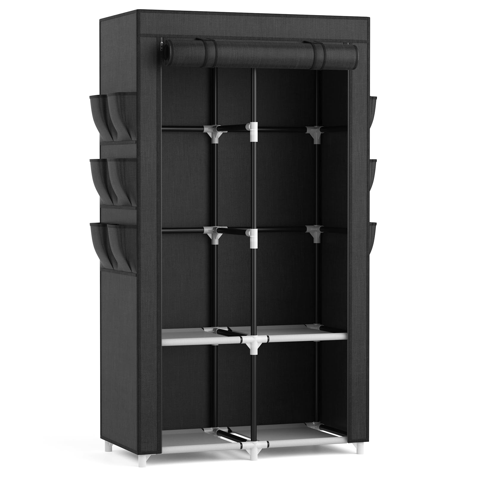 VTRIN Portable Closet Wardrobe Closet for Hanging Clothes with 4 Storage Shelves, 2 Hanging Rods and 6 Pockets, Stable and Easy Assembly Clothes Rack with Cover Free Standing Closet for Bedroom, Black