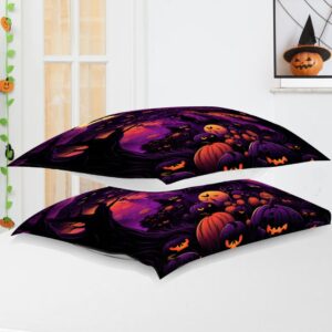 DiuuDi Halloween Elements Duvet Cover King Size 3D Printed Black Cat Pumpkin Tree Duvet Cover Set Purple and Orange Bedding Set Comforter Cover Cozy Quilt Cover with 2 Pillowcases