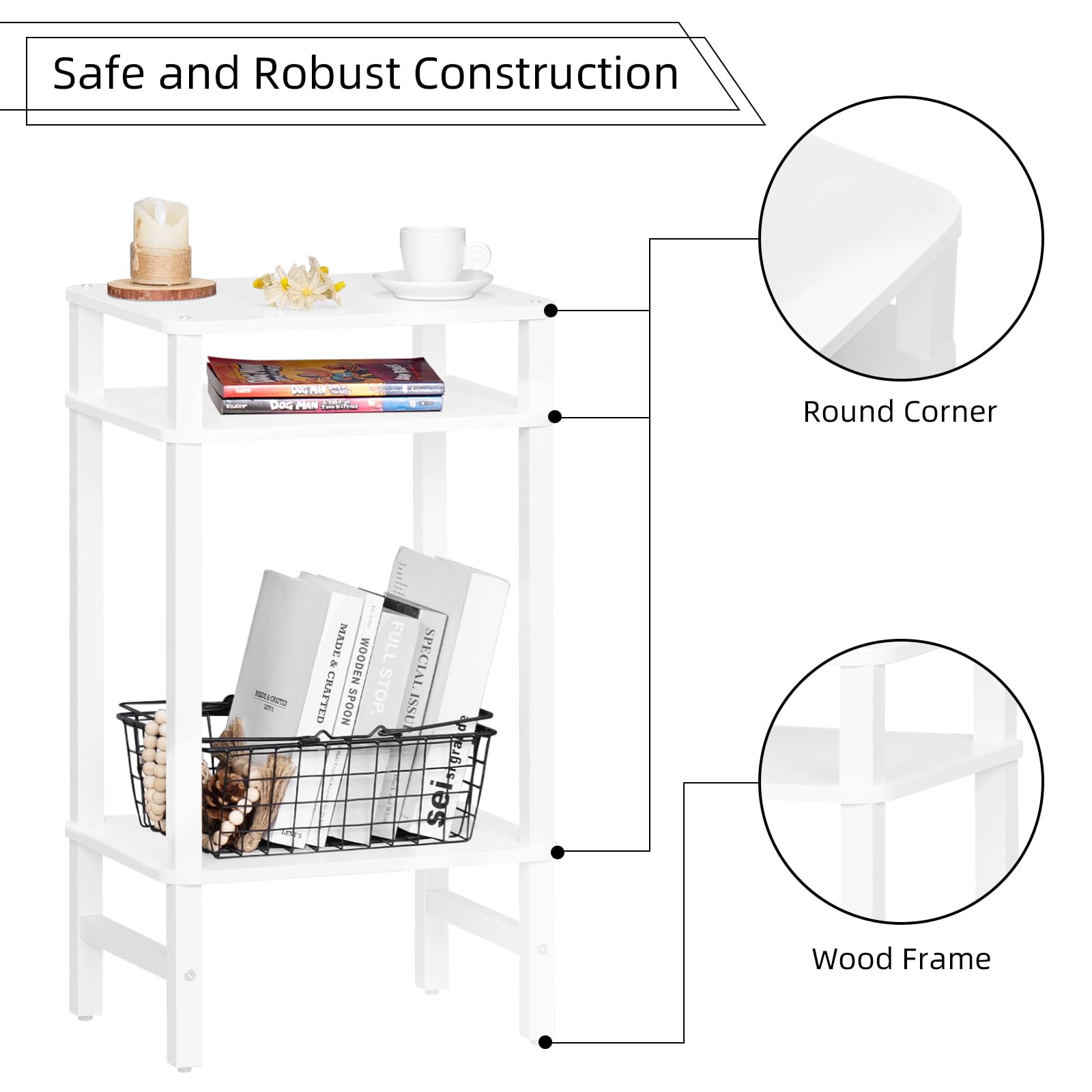 YUFAM 28in Tall Side Tables Set of 2, 3 Tier Small end tables for small spaces, narrow entryway tables with Storage, entrance tables for front door, Wooden frame, for Living Room, Bedroom, Hall, White