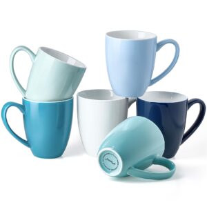 porcelain coffee mugs set of 6, 13 ounce coffee cups with handle, ceramic tea mugs for latte, hot tea, cappuccino, mocha, cocoa, blue assorted colors mug gift set, dishwasher and microwave safe