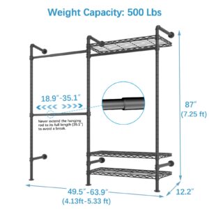 Timate F2 Industrial Pipe Clothes Rack Wall Mounted Clothing Rack for Hanging Clothes, Expandable Garment Rack Heavy Duty Wardrobe Closet Organizer and Storage, Black Adjustable Industrial Closet Kit