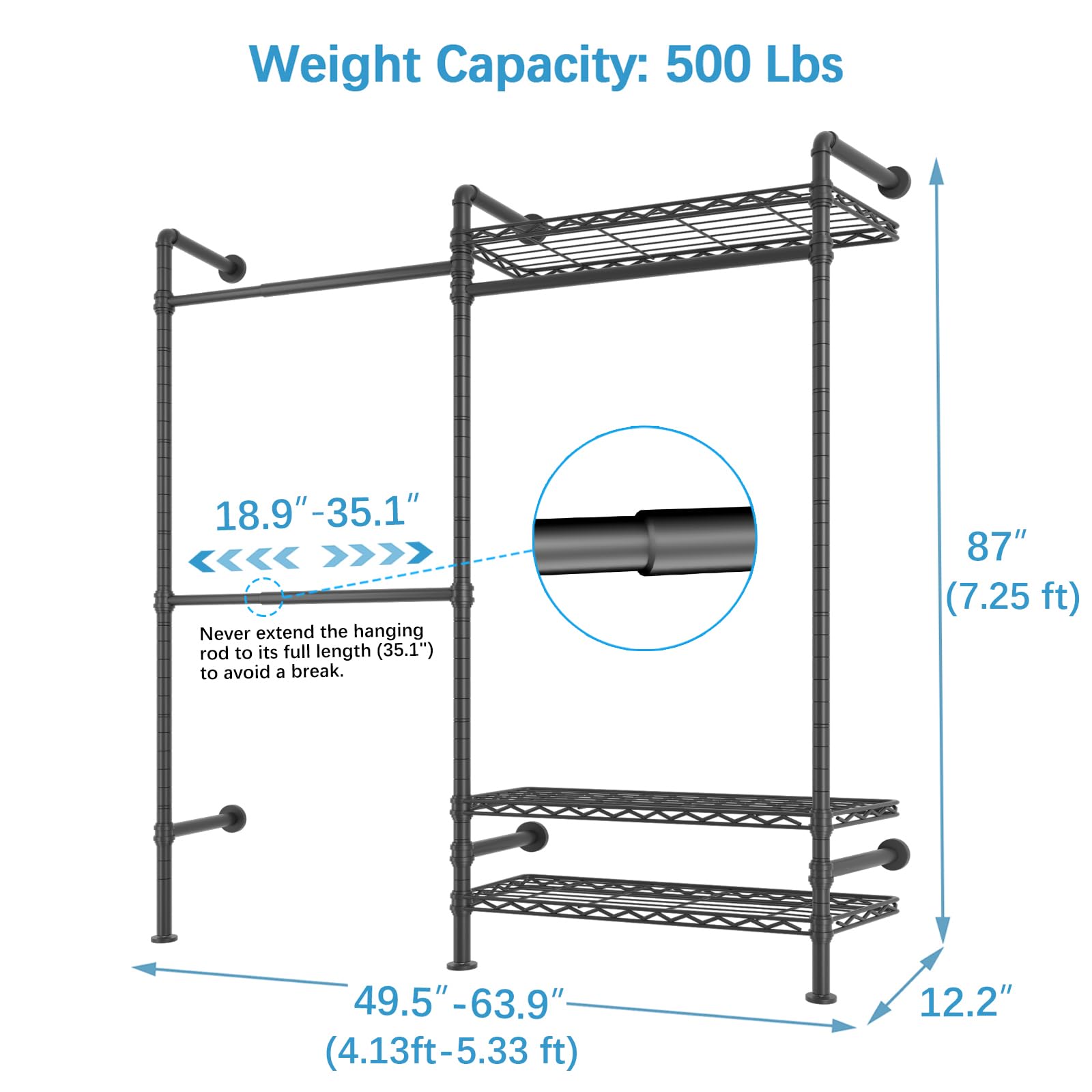 Timate F2 Industrial Pipe Clothes Rack Wall Mounted Clothing Rack for Hanging Clothes, Expandable Garment Rack Heavy Duty Wardrobe Closet Organizer and Storage, Black Adjustable Industrial Closet Kit