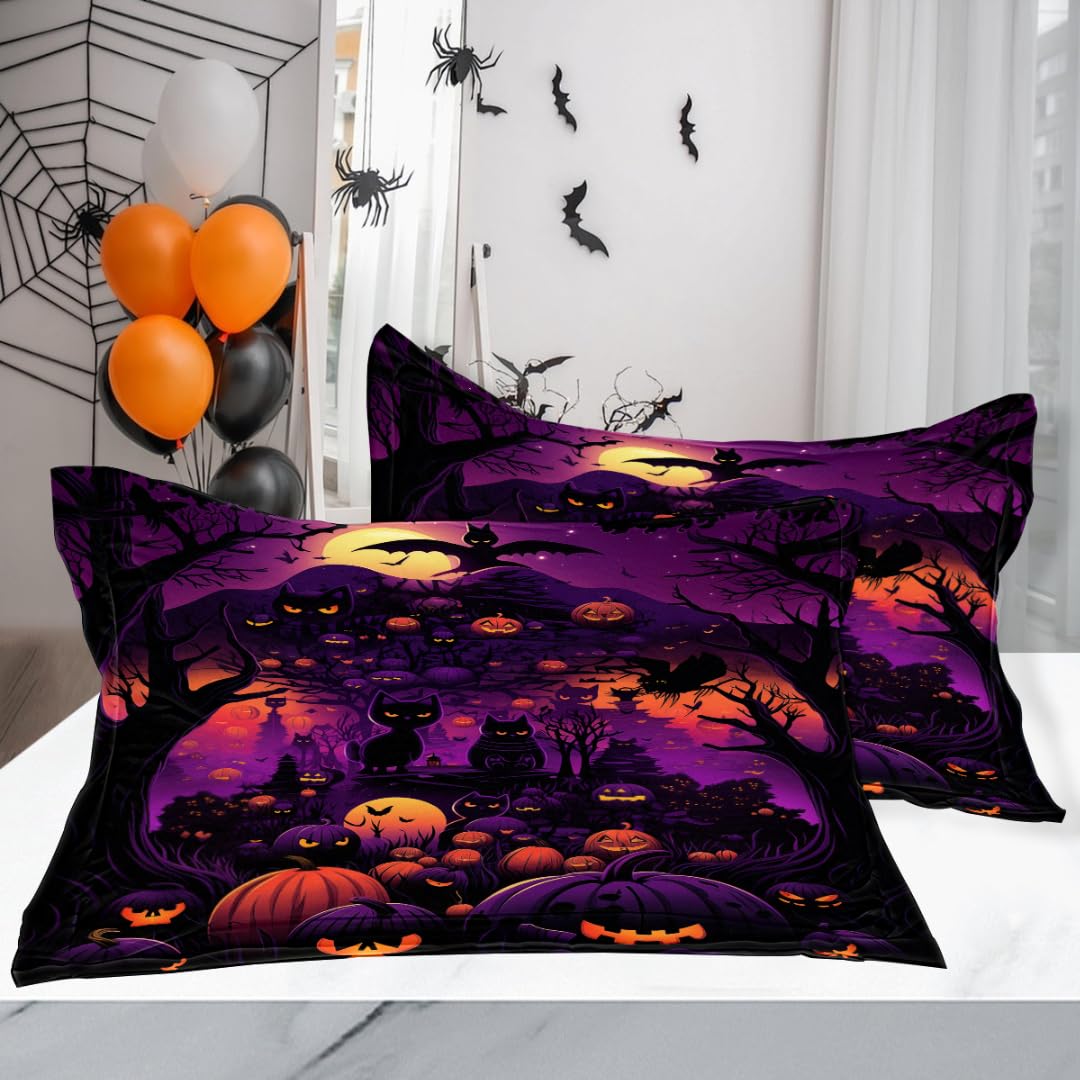 DiuuDi Halloween Elements Duvet Cover King Size 3D Printed Black Cat Pumpkin Tree Duvet Cover Set Purple and Orange Bedding Set Comforter Cover Cozy Quilt Cover with 2 Pillowcases