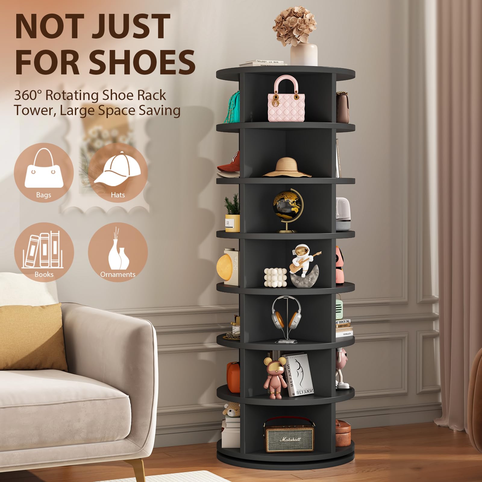 usihxjg Rotating Shoe Rack, 7-Tier Spinning Shoe Rack, Free Standing 360°Revolving Shoe Organizer, 63" Vertical Round Carousel Rotate Shoes Closet for Entryway Living Room Hallway Black