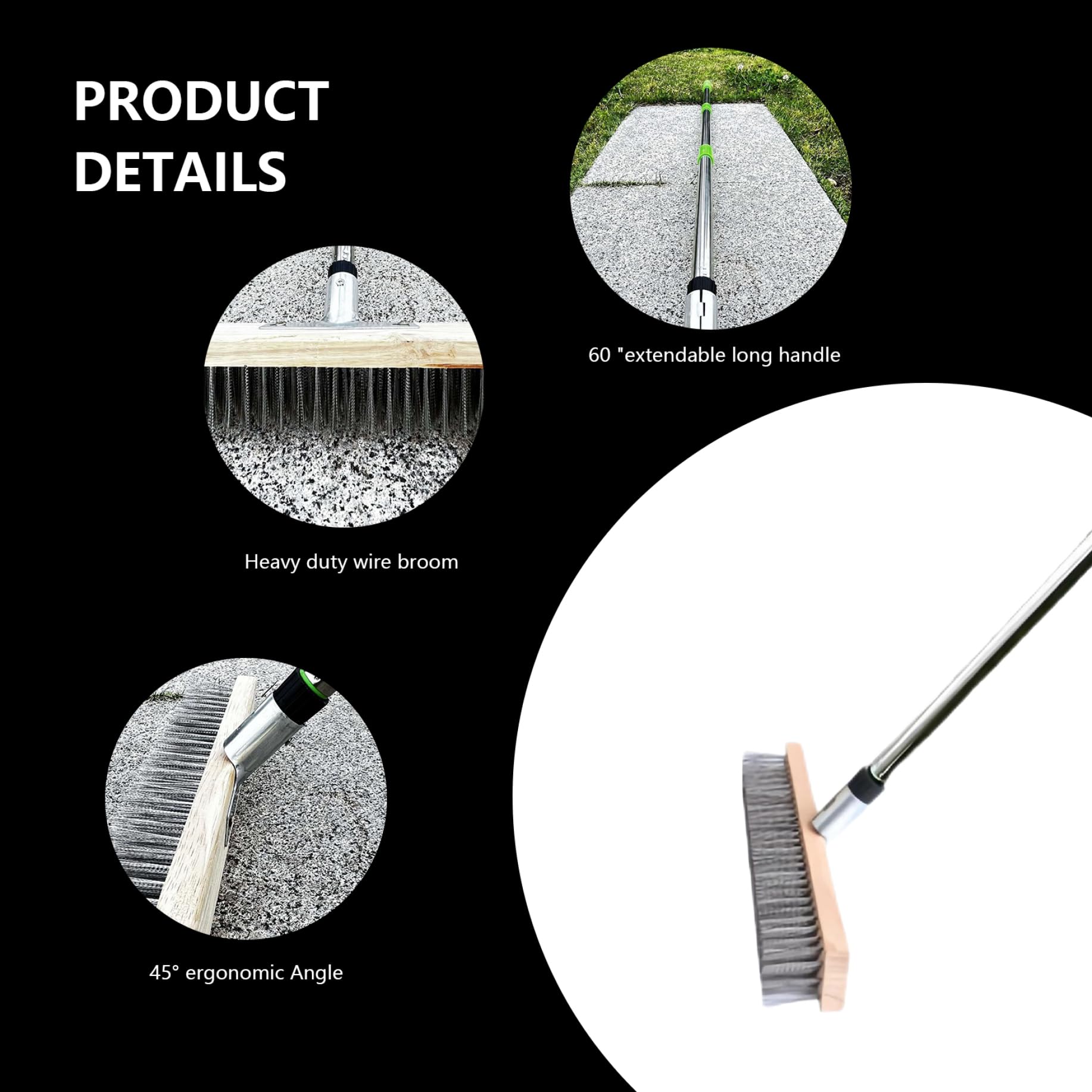 Wire Broom Stainless Steel with Handle 47.2'' Adjustable Deck Scrubber Outdoor Heavy Duty Garden Broom for Moss Concrete Floor Sidewalks Decks, Outdoor Broom