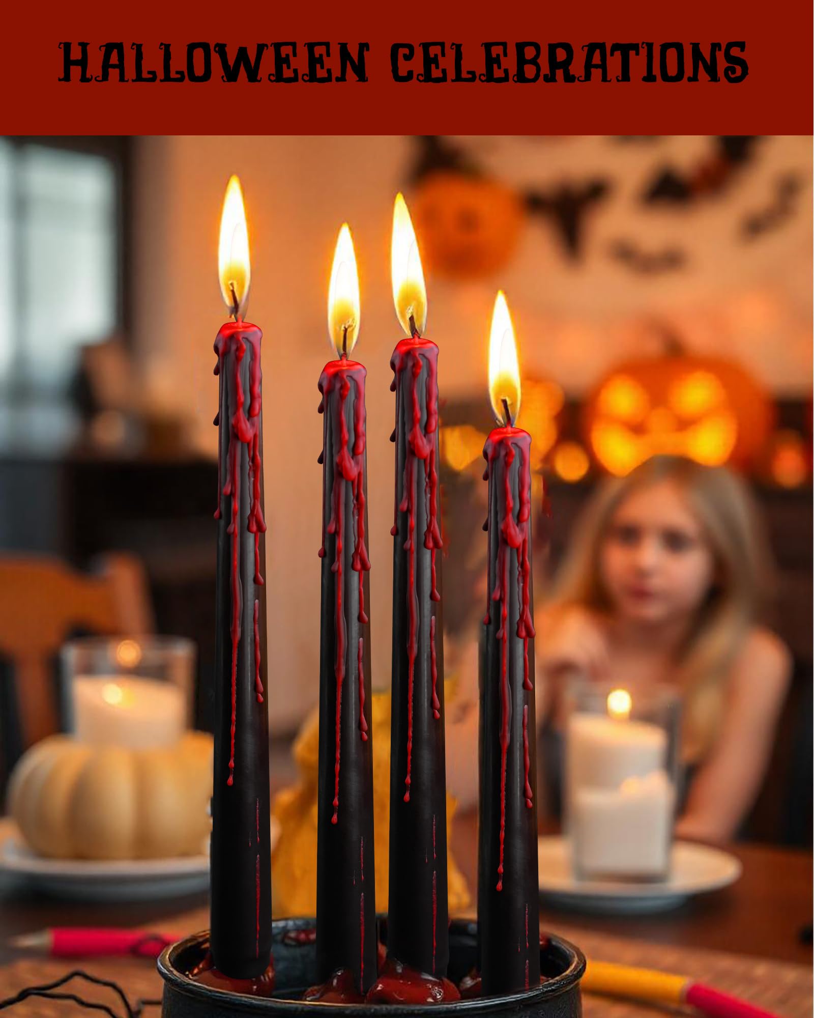 Viyffo Vampire Tears Taper Candles 10 Inch Set of 4 Unscented, Smokeless Long Tall Black Tapered Candle Sticks for Home, Spooky Decor Gothic