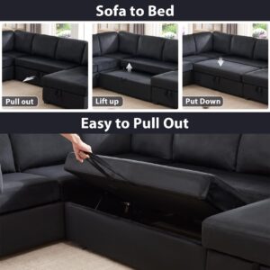 mestyl Convertible Pull Out Sleeper Sofa Bed with Storage Chaise, Oversized U Shaped Sectional Couch Bed with 2 Pillows, Comfy Large L Shaped Pullout Couches Bed for Living Room, Velvet, Black, MT002