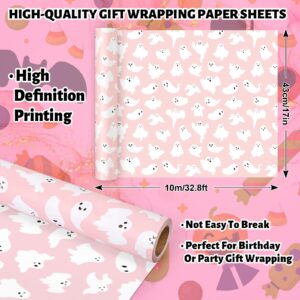 JarThenaAMCS Halloween Ghost Wrapping Paper - Mini Roll - 17 In x 32.8 Ft Pink Cute Cartoon Ghost Boo Gift Wrap Paper for DIY Art Craft Wedding Birthday Baby Shower