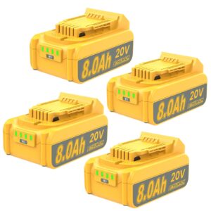 junwood 4pack 8.0ah replacement for dewalt 20v battery lithium compatible with xr max dcb200 dcb201 dcb206 dcb204 dcb207 dcd/dcf/dcg series