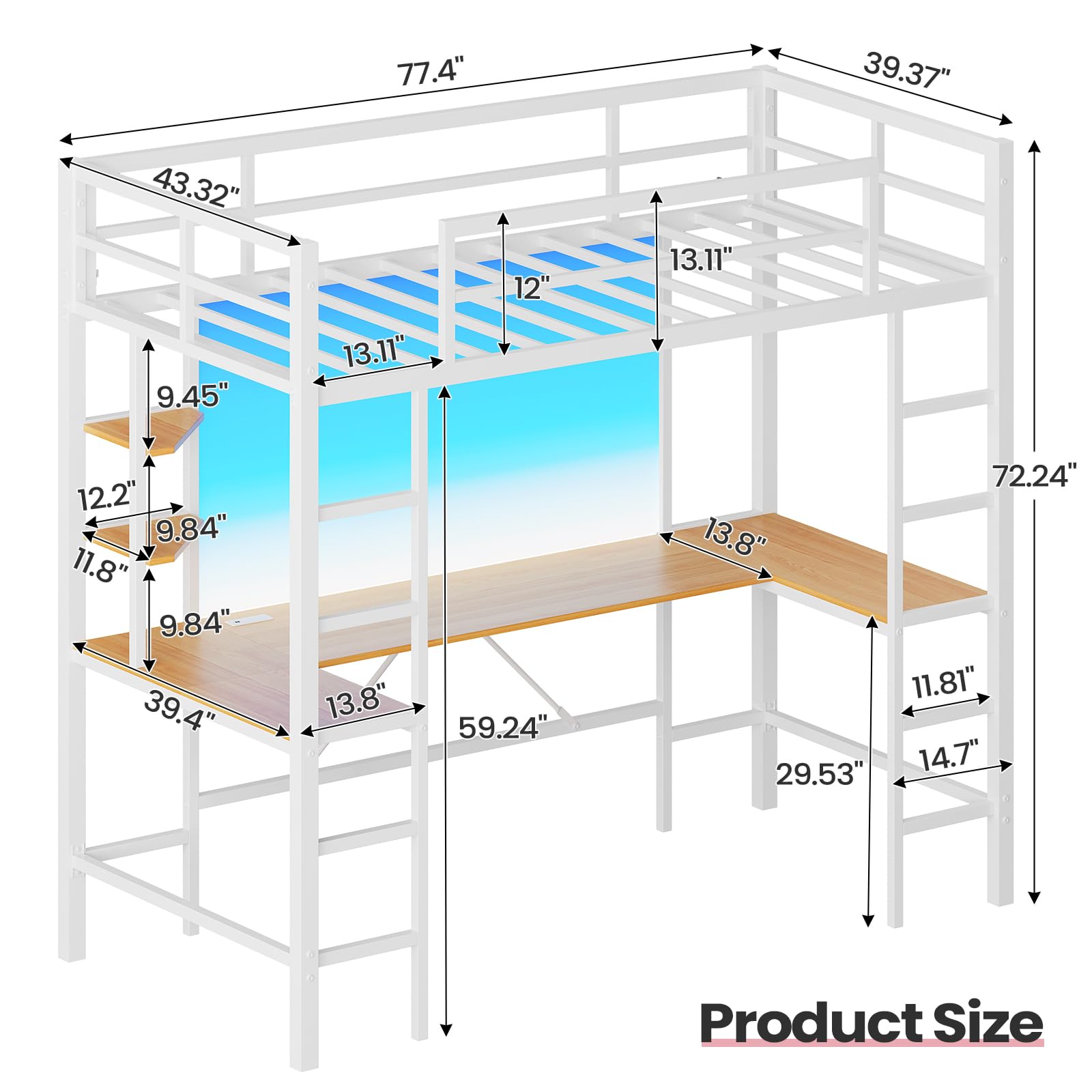 Hasuit Twin Metal Loft Bed with U-Shaped Desk, Charging Station &LED Lights, Twin LED Loft Bed with Open Storage Shelves, Safety Guardrail & Double Ladder,No Box Spring Needed, White Loft Bed