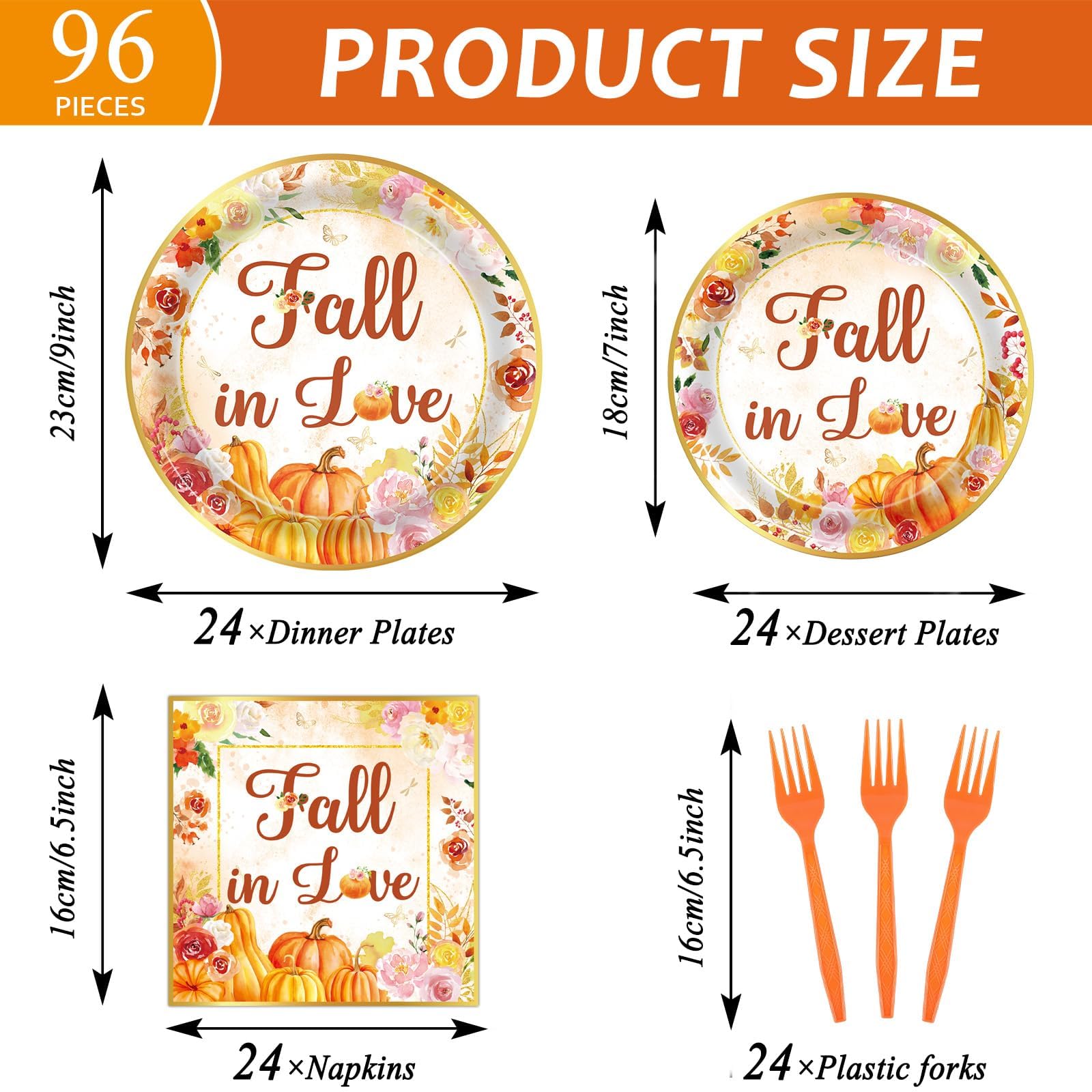 96 Pcs Fall Bridal Shower Plates and Napkins Party Supplies Fall In Love Party Tableware Set Autumn Floral Pumpkin Theme Party Decorations Favors for Bridal Shower Anniversary Engagement for 24 Guests