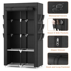 VTRIN Portable Closet Wardrobe Closet for Hanging Clothes with 4 Storage Shelves, 2 Hanging Rods and 6 Pockets, Stable and Easy Assembly Clothes Rack with Cover Free Standing Closet for Bedroom, Black