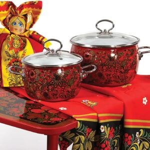 HOMEHUT Traditional Khokhloma Vitross Imperio Enamelware Pot - Durable Enameled Steel Heat-Resistant Stock Pot Set with Glass Lid, Hygienic and Dishwasher Safe 4L