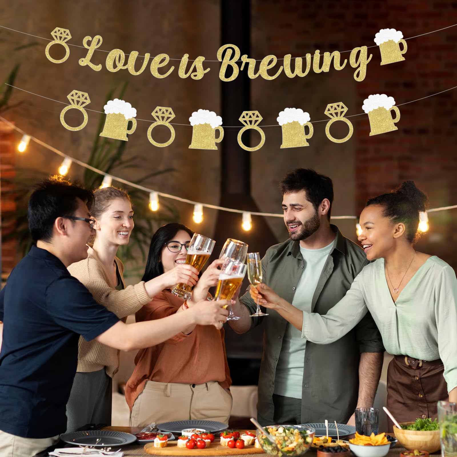 Cheereveal Beer Themed Bridal Shower Decorations, Love Is Brewing Banner Sign, Gold Glitter Beer Diamond Ring Garland for Bachelorette Wedding Engagement Anniversary Party Supplies