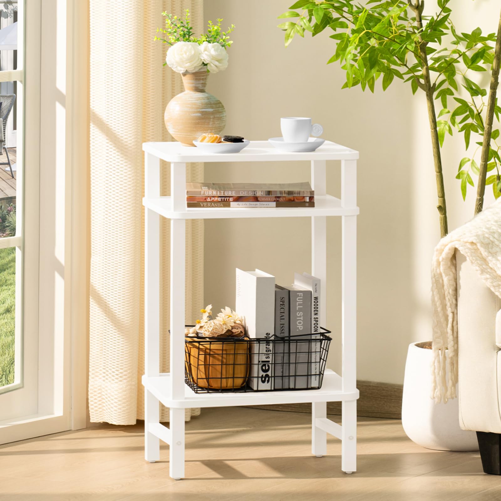 YUFAM 28in Tall Side Tables Set of 2, 3 Tier Small end tables for small spaces, narrow entryway tables with Storage, entrance tables for front door, Wooden frame, for Living Room, Bedroom, Hall, White