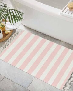 pink stripe bath rug 2x3ft woven bathroom entryway runner rug,white geometric striped modern boho minimalist art washable living room hallway bedroom kitchen carpet with tassels indoor throw doormat