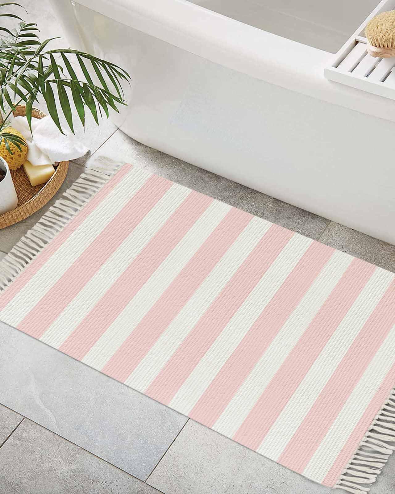 Pink Stripe Bath Rug 2x3ft Woven Bathroom Entryway Runner Rug,White Geometric Striped Modern Boho Minimalist Art Washable Living Room Hallway Bedroom Kitchen Carpet with Tassels Indoor Throw Doormat