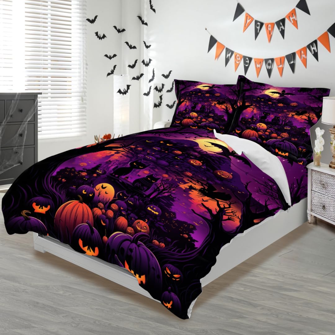 DiuuDi Halloween Elements Duvet Cover King Size 3D Printed Black Cat Pumpkin Tree Duvet Cover Set Purple and Orange Bedding Set Comforter Cover Cozy Quilt Cover with 2 Pillowcases