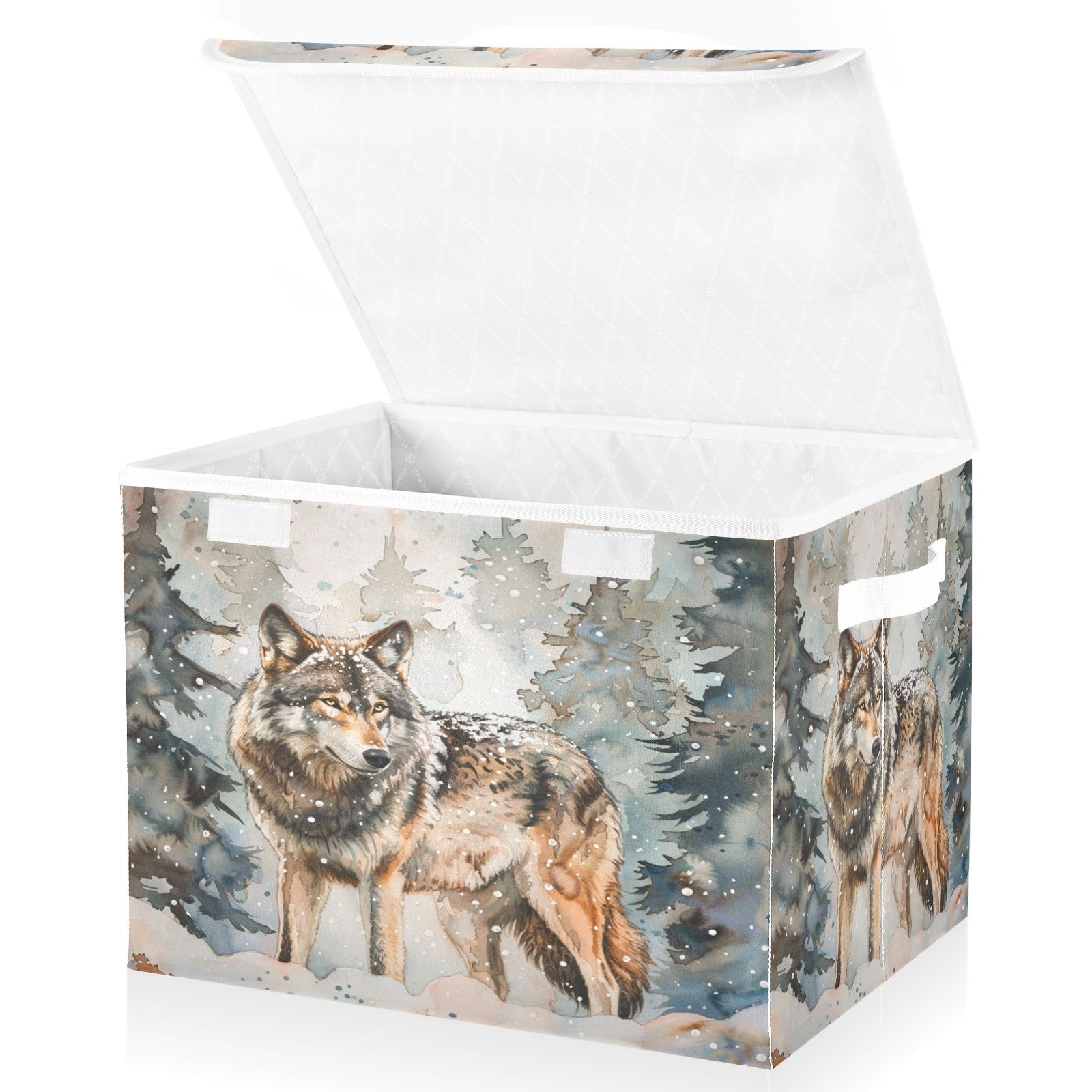 senya Winter Baskets Collapsible Storage Bins with Lids, Wolf Snow Winter Storage Boxes Clothes Baskets for Organizing