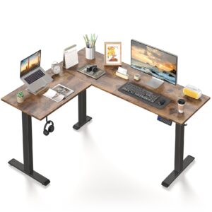 mr ironstone l shaped electric standing desk, 59 x 47 inch height adjustable desk, corner adjustable desk sit stand desk home office computer desk, rustic brown