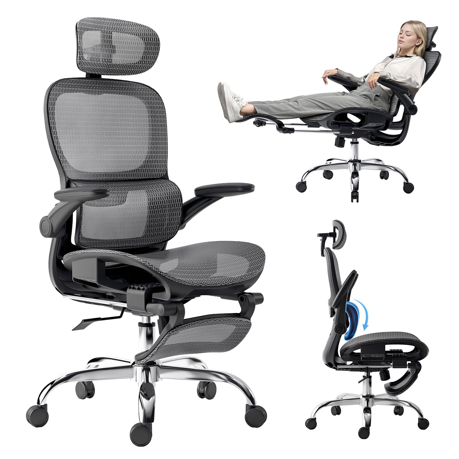 Ergonomic Office Chair,Office Chair with Tilt Function,Mesh Office Chair with Footrest,Ergonomic Chair with Adaptive Backrest, Adjustable Headrest,SGS Class 4 Gas Clylinder and Flip-Up Armrests