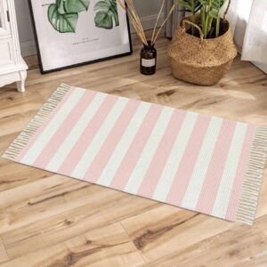 Pink Stripe Bath Rug 2x3ft Woven Bathroom Entryway Runner Rug,White Geometric Striped Modern Boho Minimalist Art Washable Living Room Hallway Bedroom Kitchen Carpet with Tassels Indoor Throw Doormat