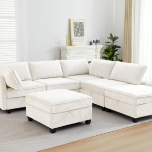 Corner Modular Sectional Sofa Set, Convertible L Shaped Couch with Storage, 6 Seater Sofa Modular with Ottomans and Reversible Chaise for Living Room, Office (Beige)