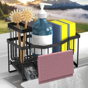 vilcen sponge holder for kitchen sink with auto draining tray,kitchen sink caddy organizer with rag holder, rustproof 304 stainless steel kitchen organizers, soap dispenser storage countertop