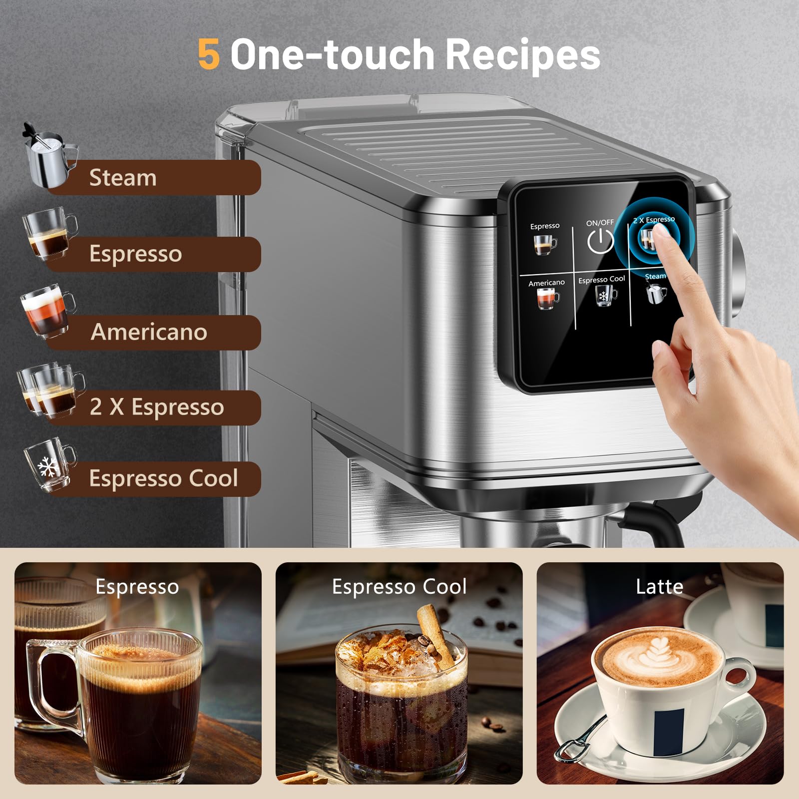 RELEXNOW Espresso Machine, 20 Bar Espresso Maker Milk Frother & LCD Panel, Hot & Iced Coffee Machine,Stainless Steel Espresso Coffee Machine with 41oz Water Tank for Cappuccino, Latte