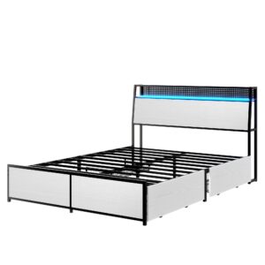 Queen Metal Headboard and Frame, Bed Frame and Headboard, Storage bed with LED Storage Headboard and 4 Storage Drawers, Charging Station, No Box Spring Needed, Noise Free, Easy Assembly-White