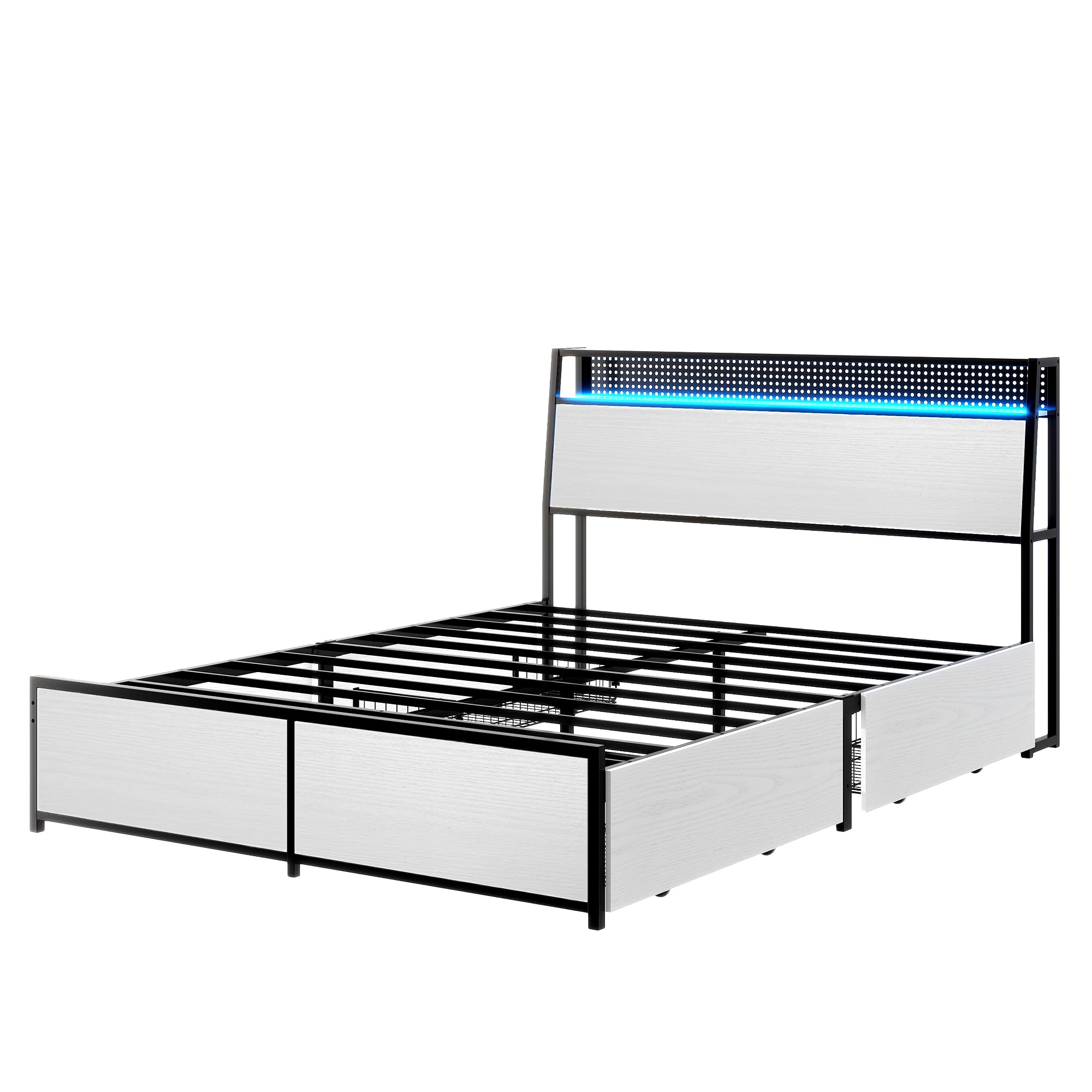 Queen Metal Headboard and Frame, Bed Frame and Headboard, Storage bed with LED Storage Headboard and 4 Storage Drawers, Charging Station, No Box Spring Needed, Noise Free, Easy Assembly-White