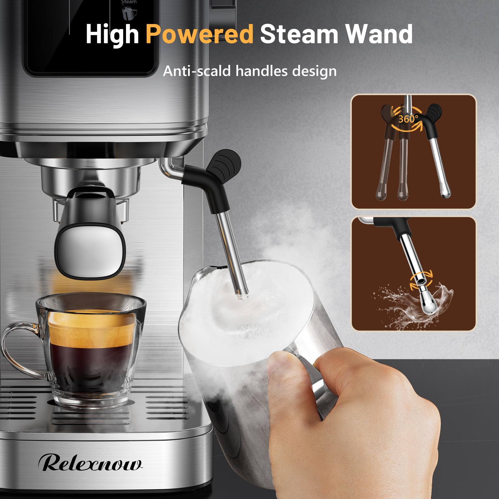 RELEXNOW Espresso Machine, 20 Bar Espresso Maker Milk Frother & LCD Panel, Hot & Iced Coffee Machine,Stainless Steel Espresso Coffee Machine with 41oz Water Tank for Cappuccino, Latte