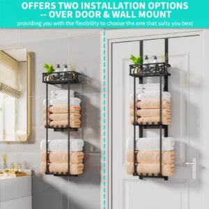 HapiRm Towel Rack Bathroom Storage - 3 Tier Over The Door Towel Rack with Metal Shelf Basket and 6 Hooks, Wall Mount Towel Holder, Rolled Towel Organizer for Small Bathroom (Black)