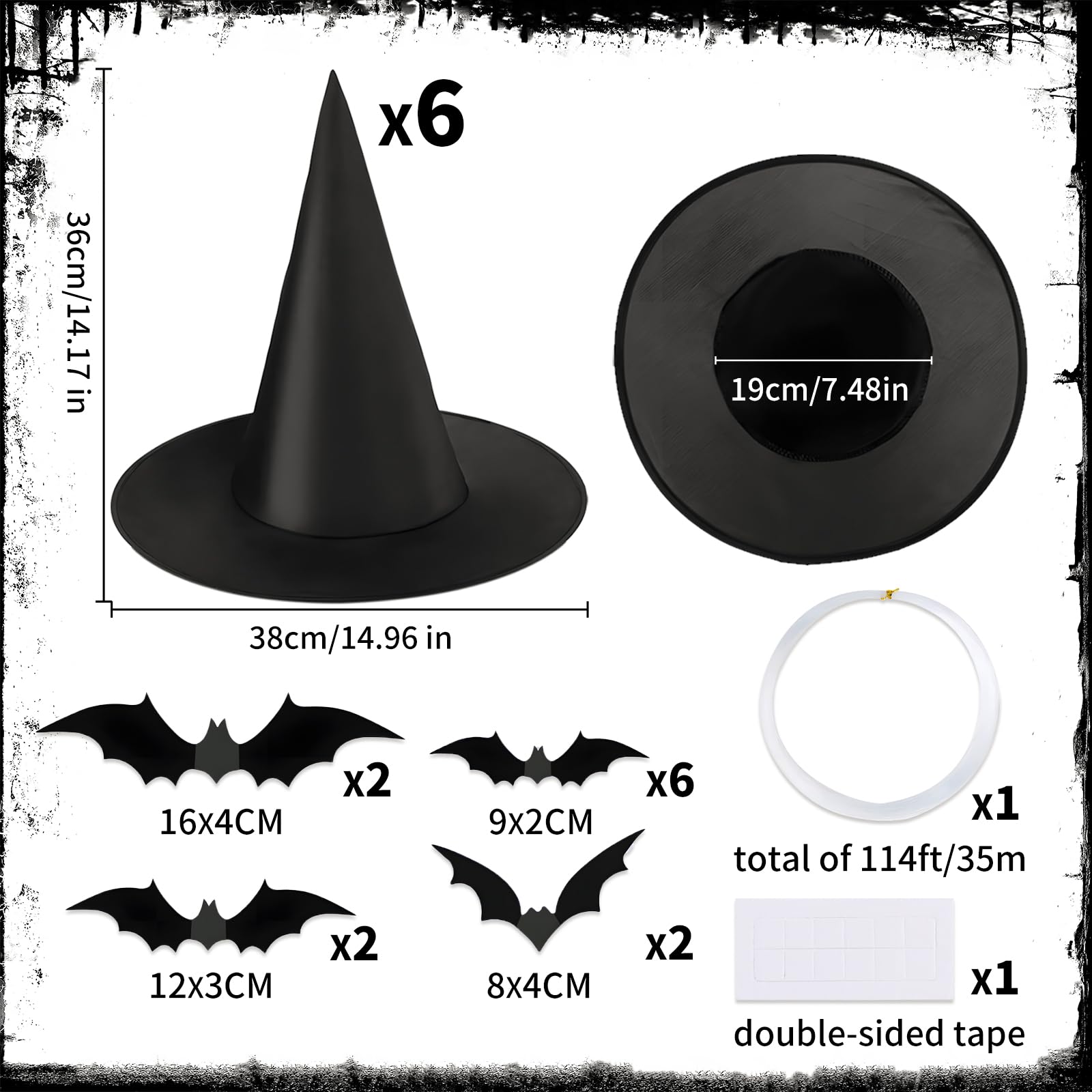 JMUQ 6 PCS Black Halloween Witch Hats with 3D Bats Stickers, Hanging Witch Hats for Halloween Indoor Outdoor Yard Decor Party Decorations Wizard Hats