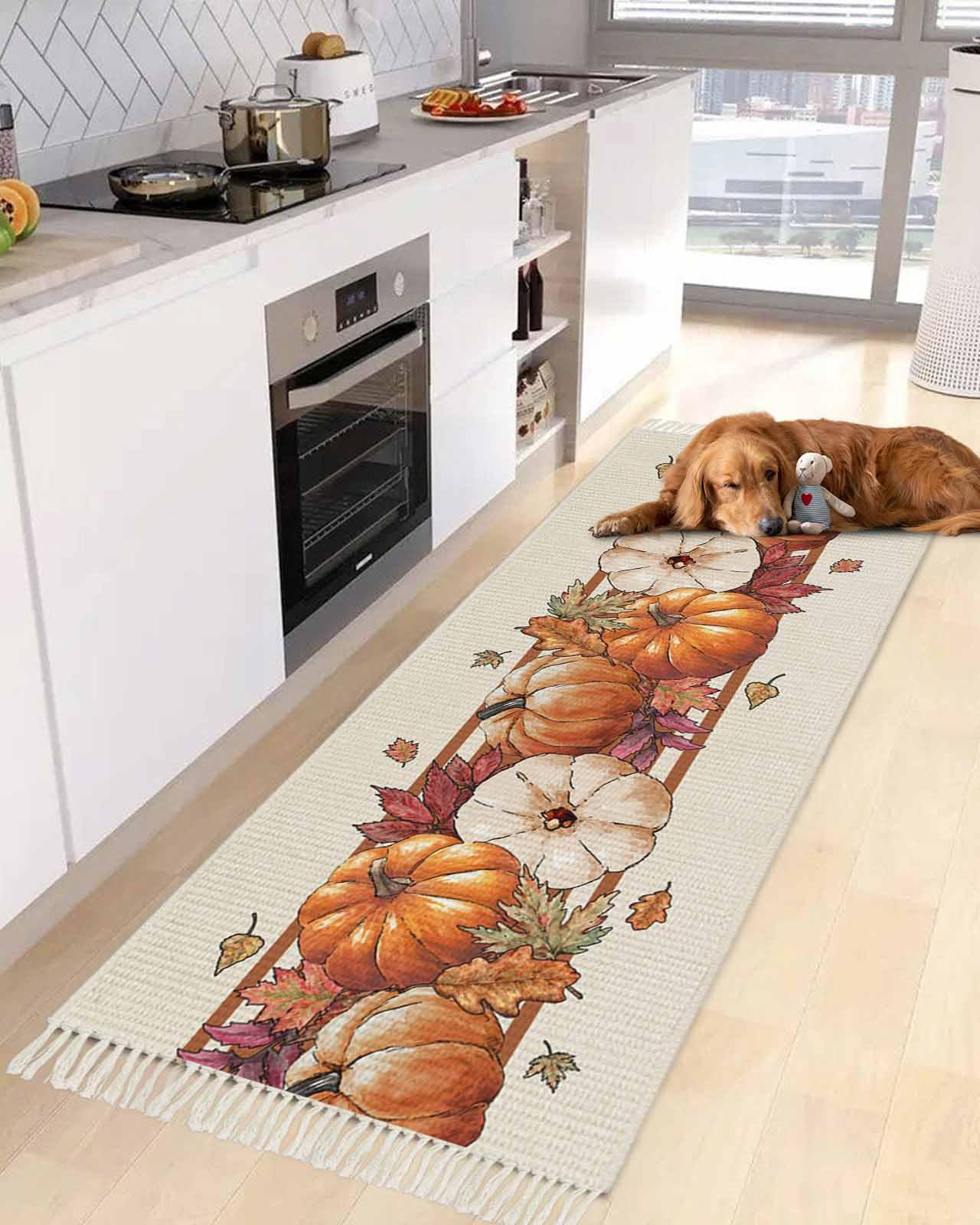 Fall Kitchen Runner Rug 2x5 Bedside Rug with Tassel Cotton Woven Throw Rugs Washable Hallway Runner Rug Thanksgiving Orange Pumpkin Maple Leaf Beige Floor Carpet for Bedroom Bathroom Living Room