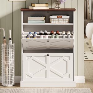 maupvit shoe storage cabinet with 2 flip drawers,shoe cabinet with open storage,hidden shoe storage slim storage cabinet with barn door design,narrow shoe rack cabinet for entryway,antique white